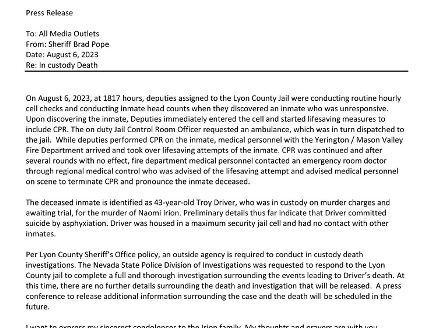 Troy Driver found dead in cell of apparent suicide